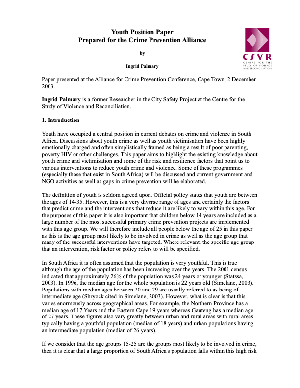 CSVR | Youth Position Paper Prepared for the Crime Prevention Alliance